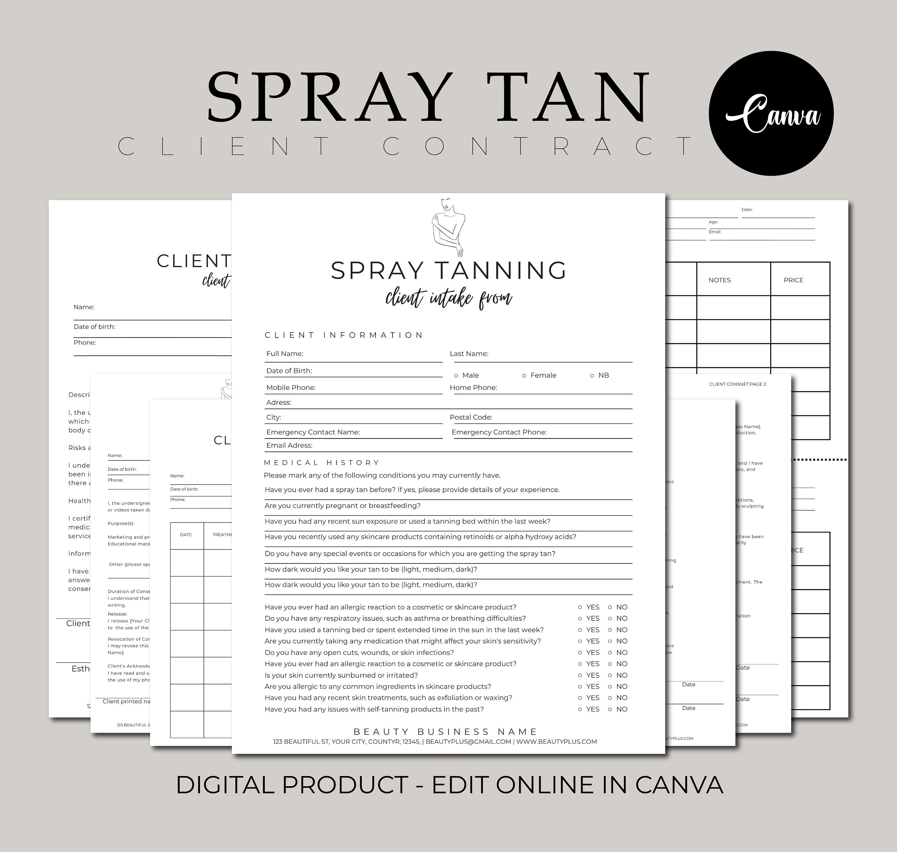 Spray Tan Consent Form, Tanning Consent, Spa Forms, Tanning Salon Forms ...