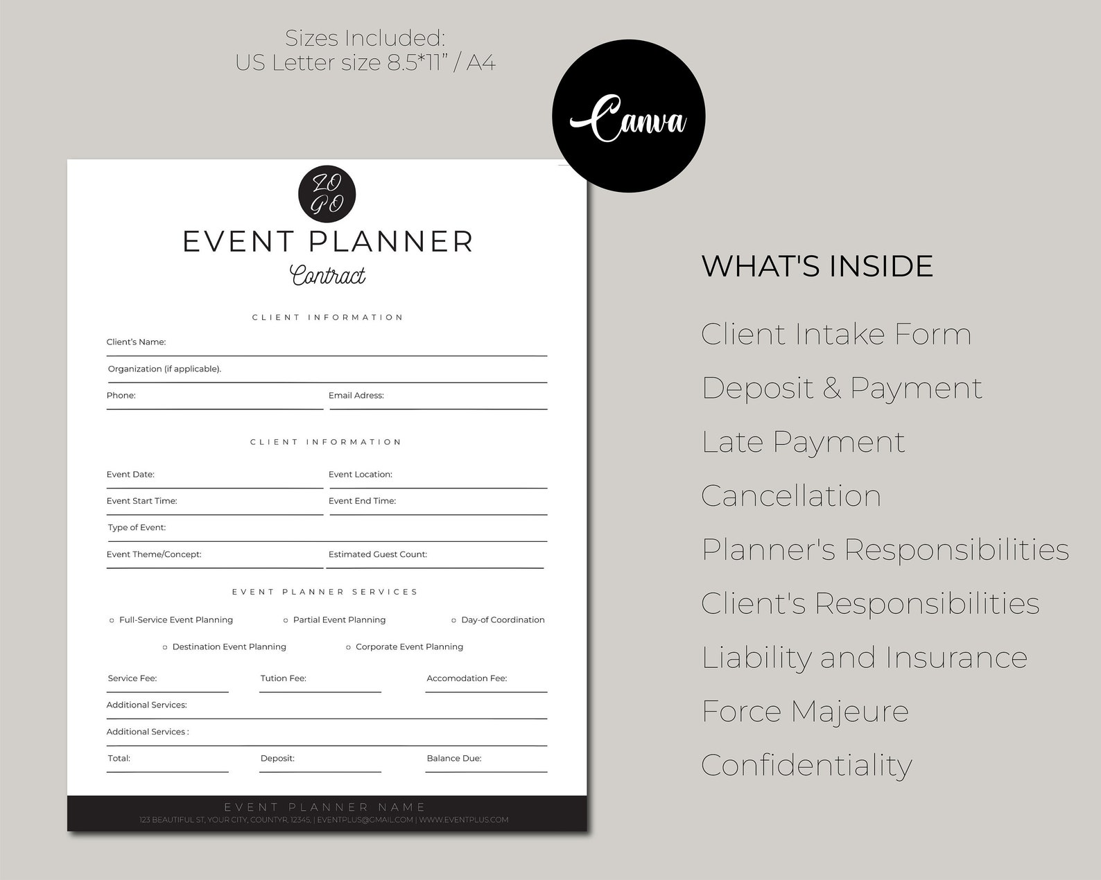 Editable Event Planner Contract Template, Canva Template, Event ...