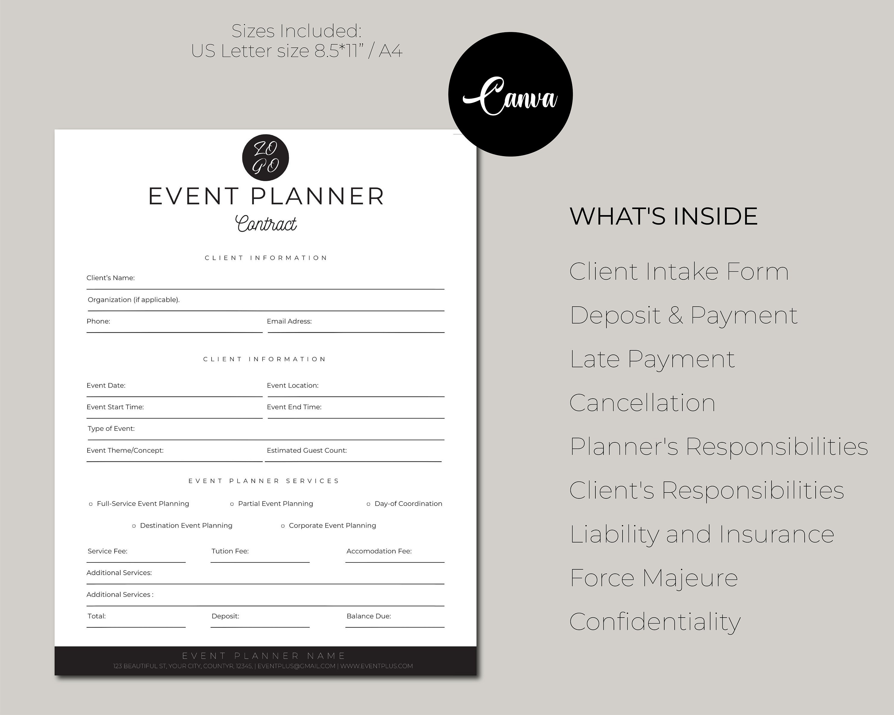Editable Event Planner Contract Template, Canva Template, Event ...