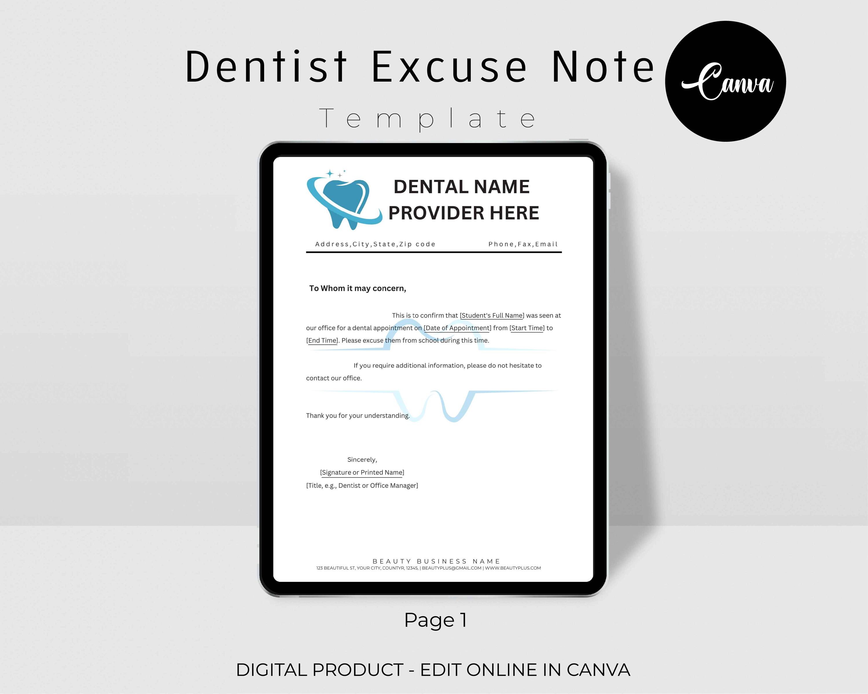 Editable Dentist Excuse Note, Note for Work & School Excuse Note, Dr ...