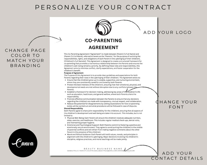Co-parenting Agreement Template, Joint Custody Agreement, Custody and Visitation, Printable ...