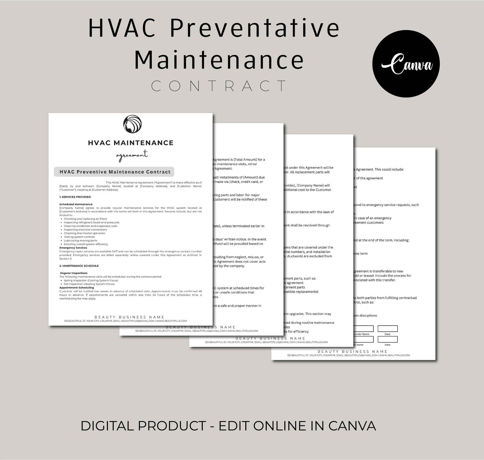 Editable HVAC Service Agreement, HVAC Service Agreement Forms, Service ...