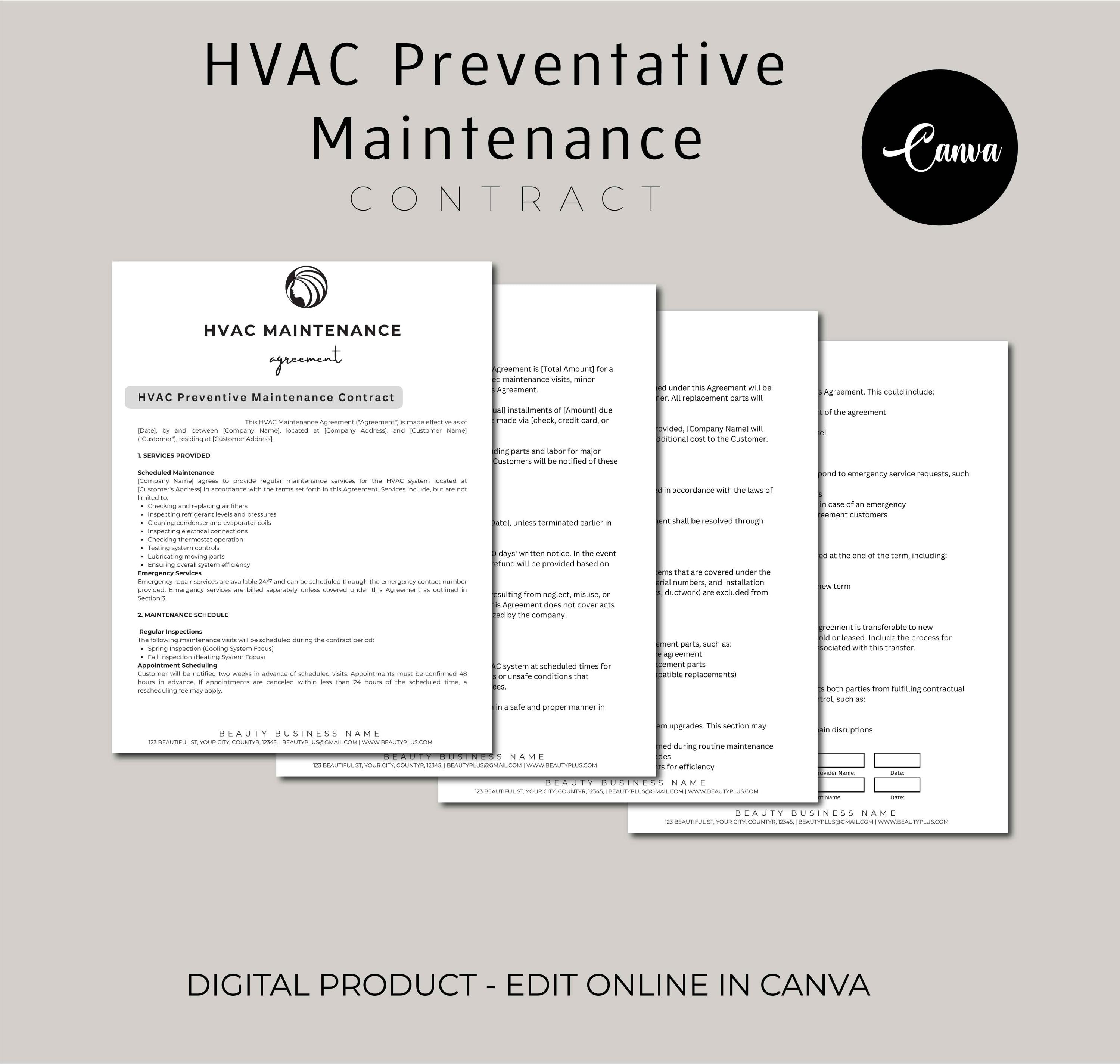 Editable HVAC Service Agreement, HVAC Service Agreement Forms, Service ...