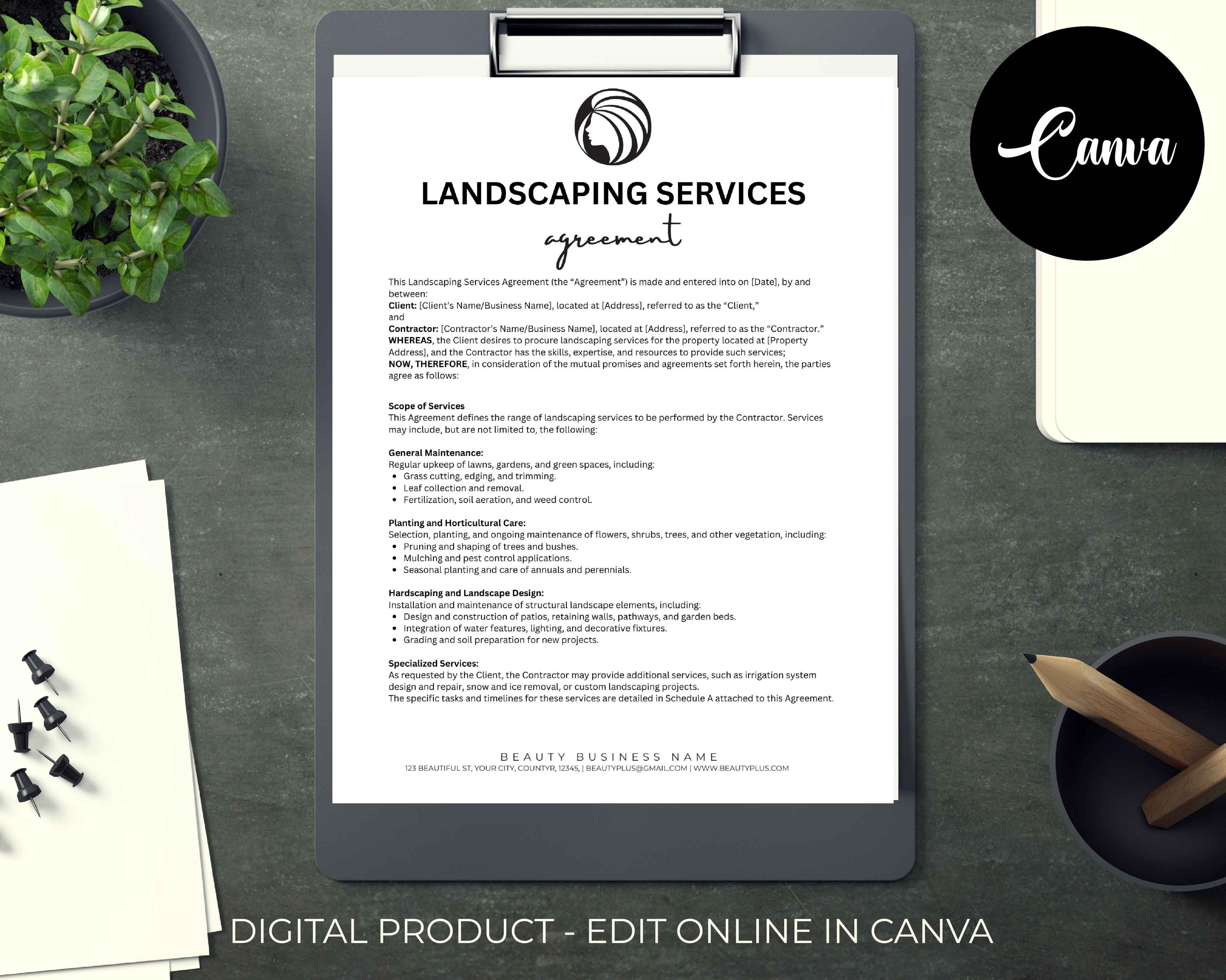 Editable Landscaping Contract Template, Lawn Care Contract, Garden Care ...