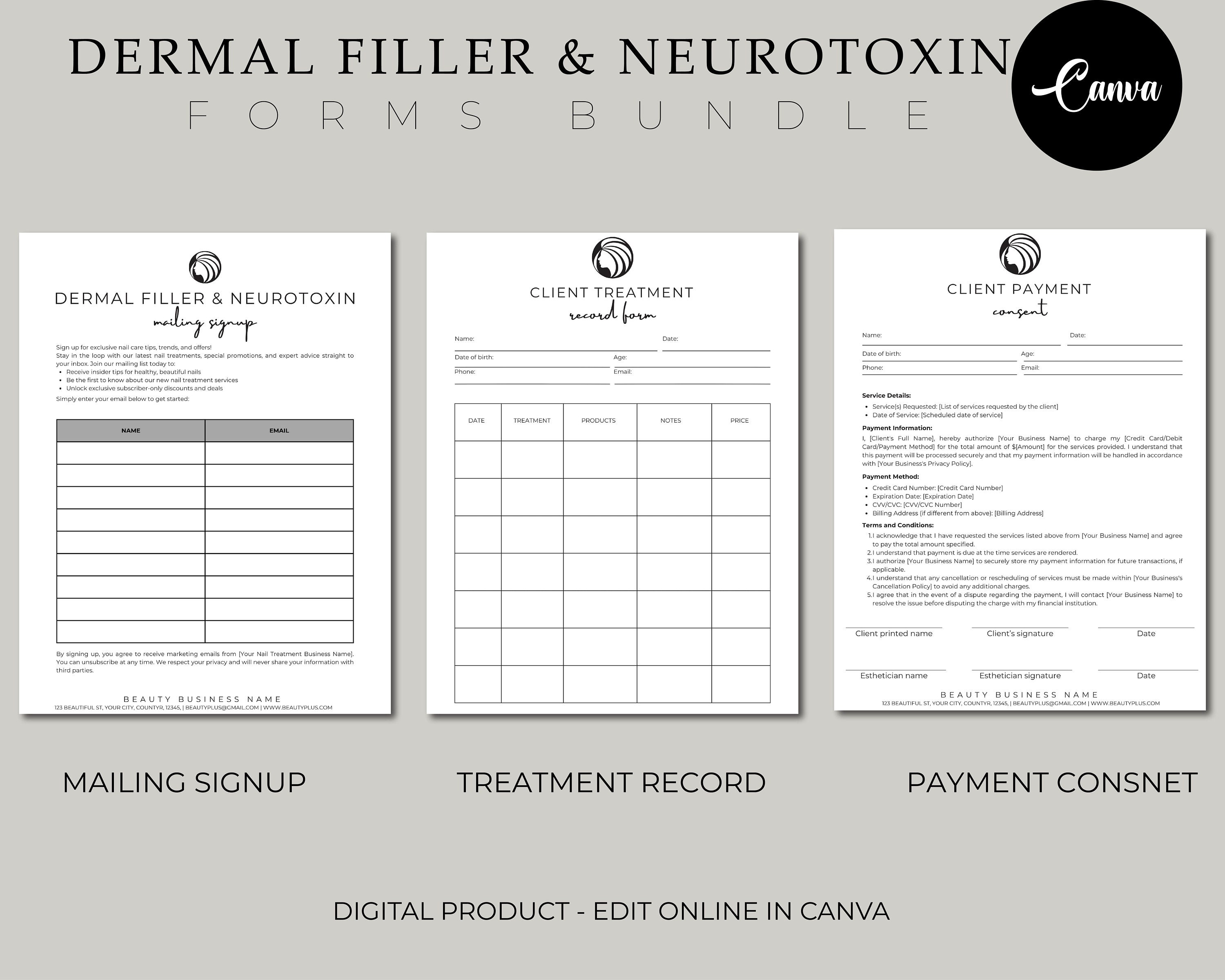 Editable Botox and Dermal Filler Consent Intake Bundle, Esthetician ...
