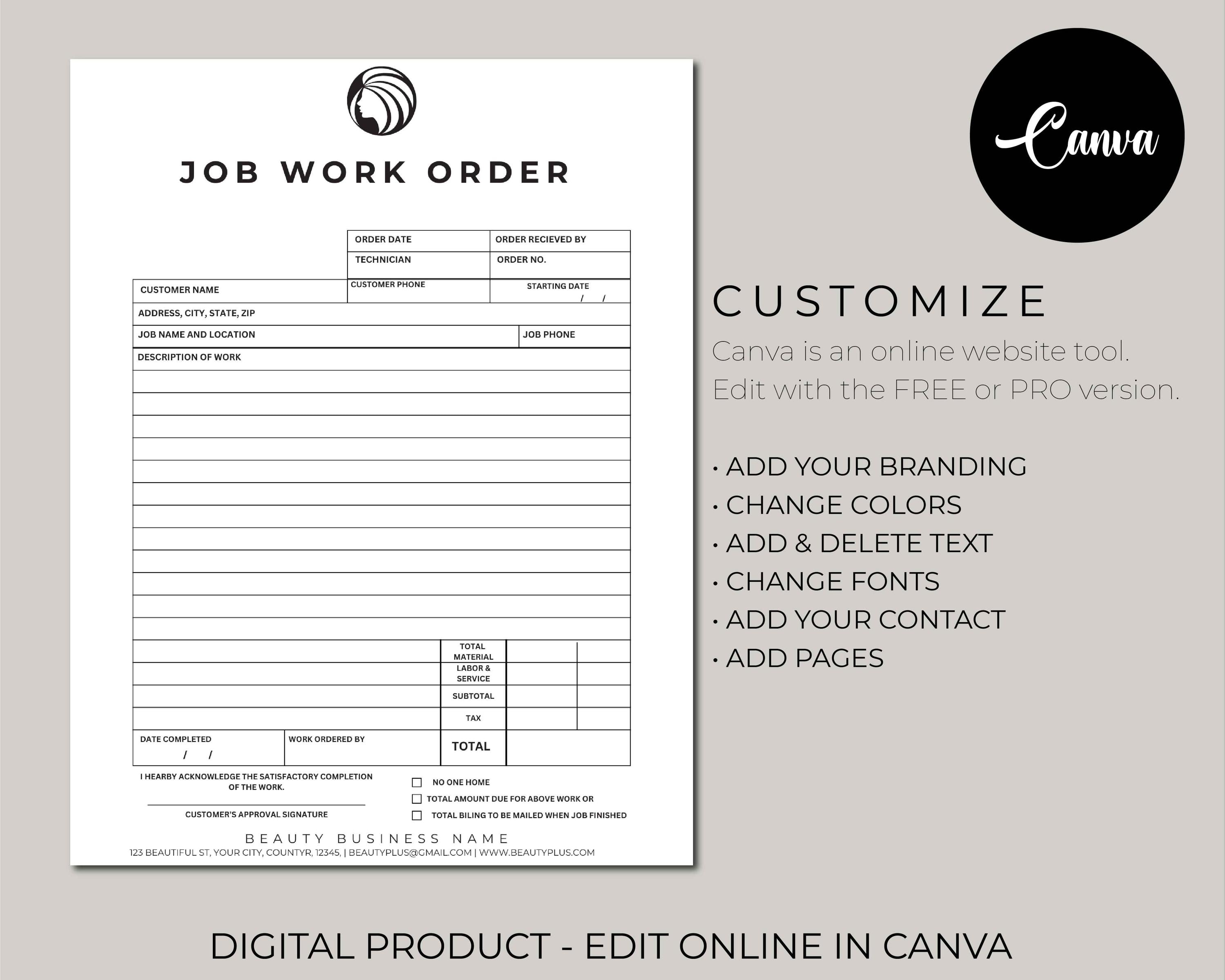 Printable Job Work Order Form, Easy and Simple Job Work Order Form ...