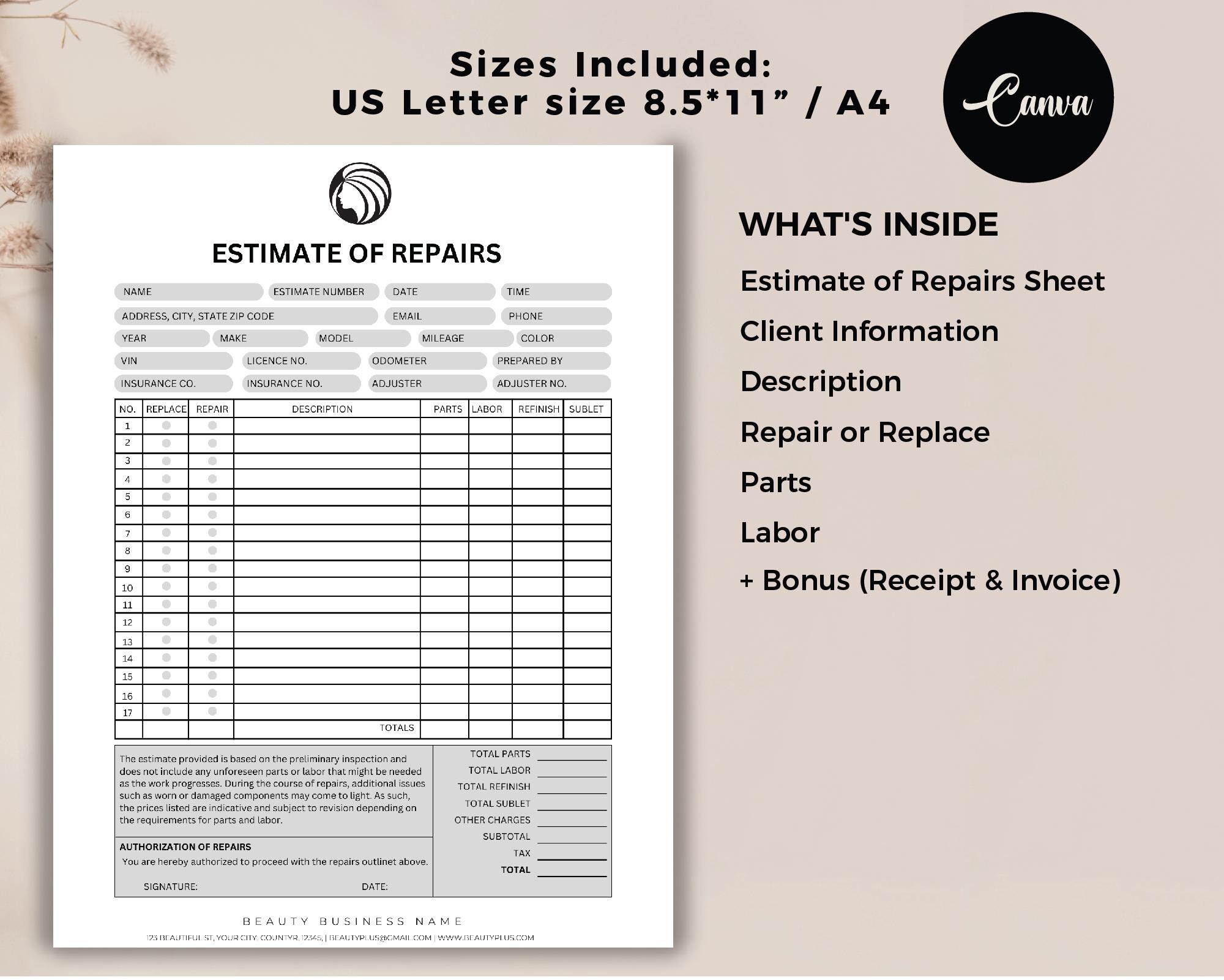Auto Body Repair Invoice Template, Estimate and İnvoice Form ...