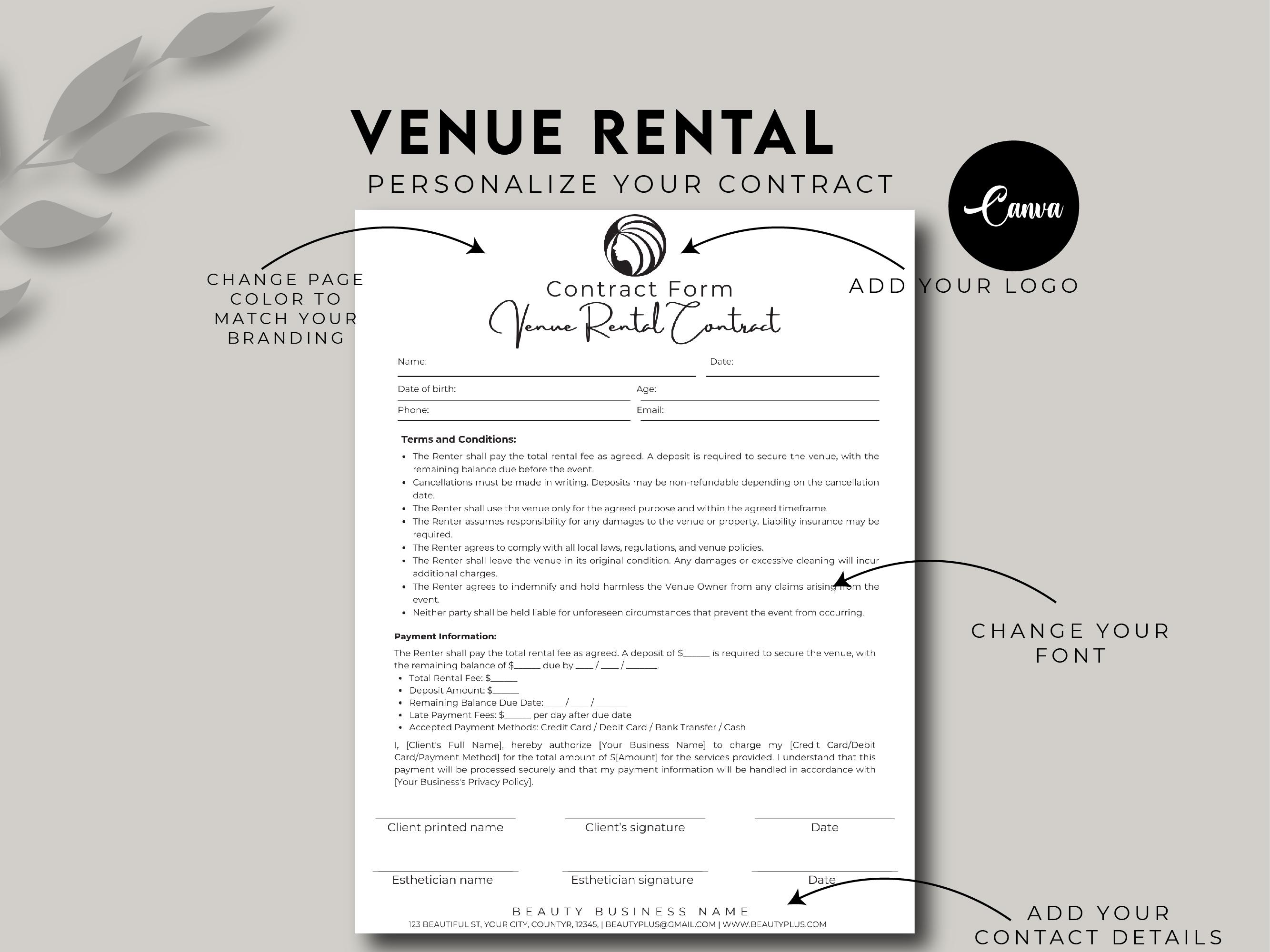 Venue Rental Form Template, Event Center Services Agreement, Wedding ...