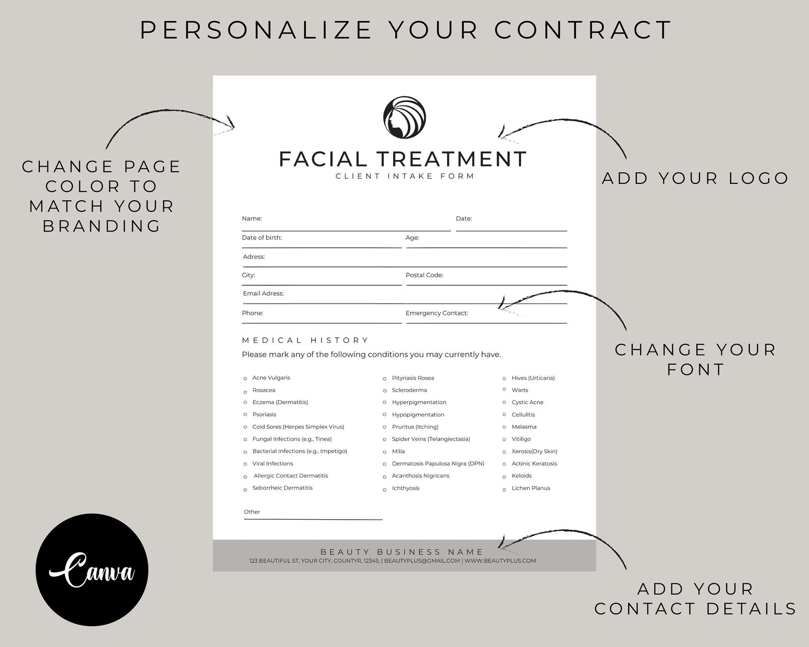 Facial Treatment Forms, Editable Esthetician Templates, Printable ...