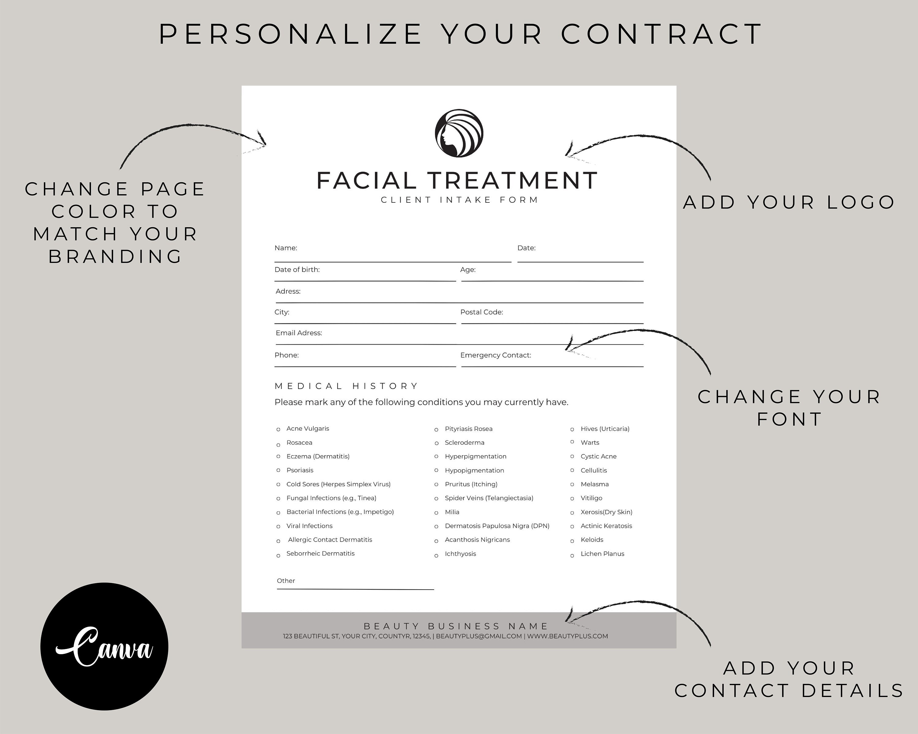 Facial Treatment Forms, Editable Esthetician Templates, Printable ...