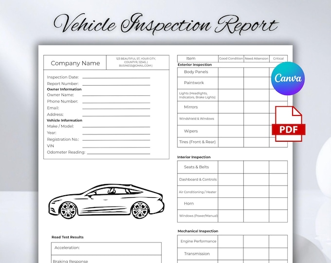PDF Printable Vehicle Inspection Report, Used Vehicle Inspection Sheet ...