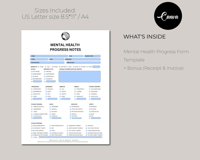 Canva Mental Progress Note Template, Counseling Therapy Note, Therapy ...