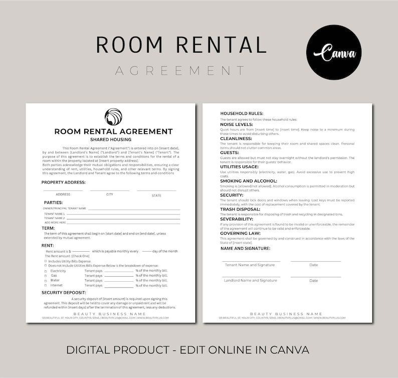 Room Rental Agreement Template, Roommate Room Rental Agreement, Room ...