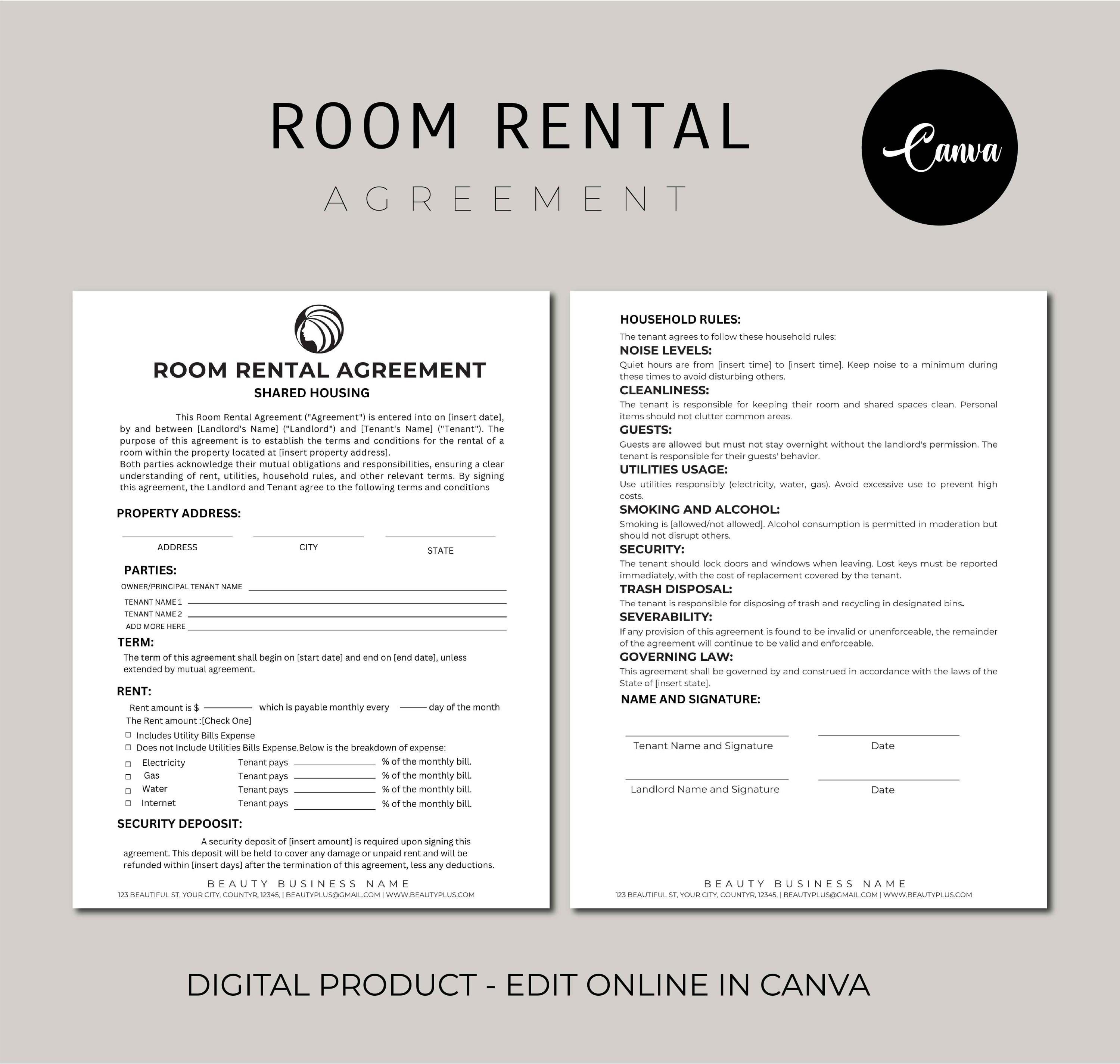 Room Rental Agreement Template, Roommate Room Rental Agreement, Room ...