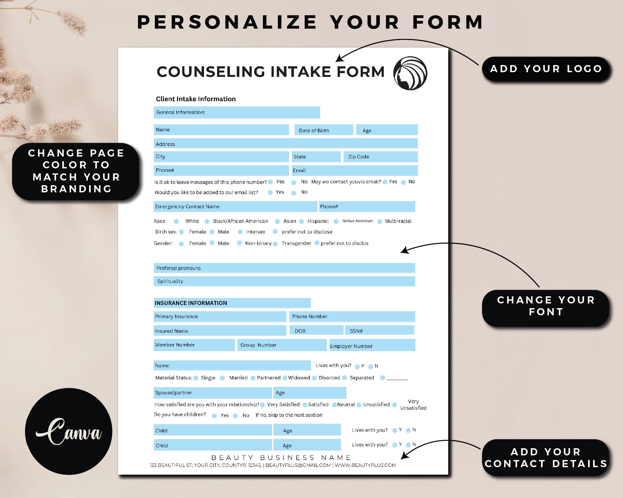 Counseling Intake Form, Mental Health Intake Form Template, Informed ...
