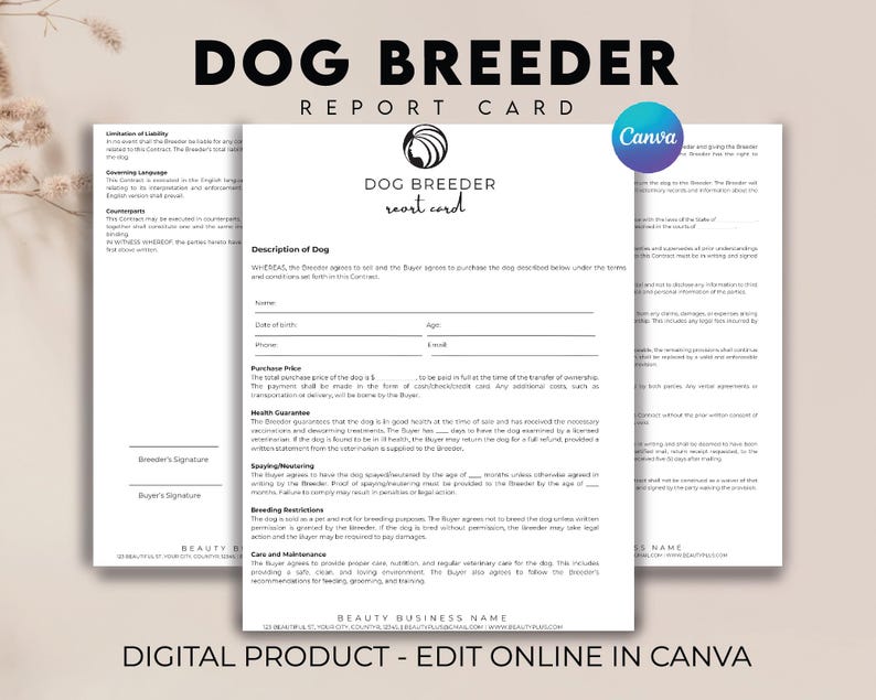 Editable Dog Breeder Contract, Pet Adoption Contract, Puppy Sale ...