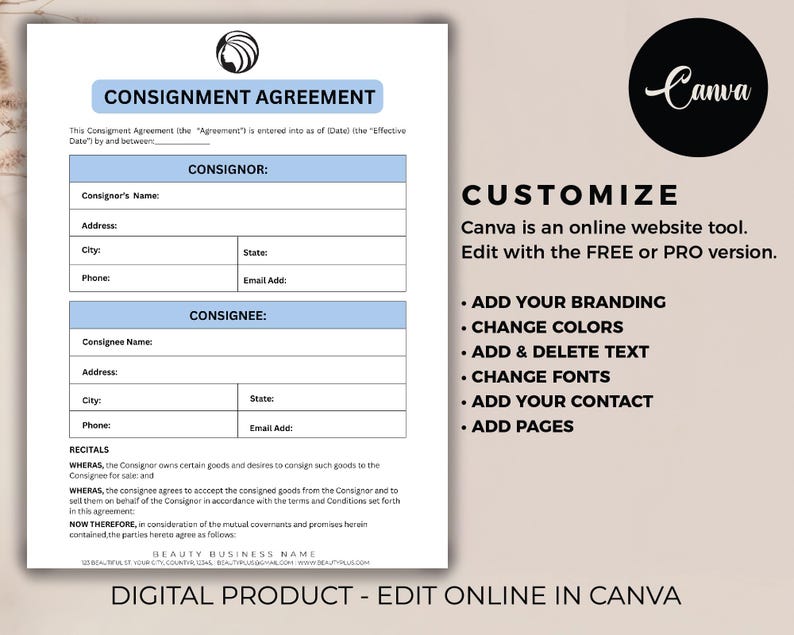 Editable Consignment Agreement, Consignment Store Forms, Product Consignment Agreement, Reseller ...