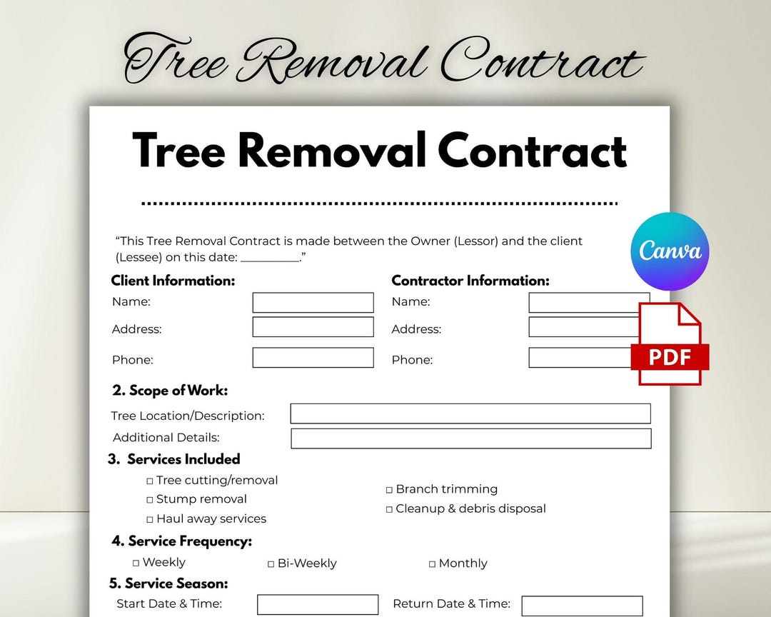 Tree Removal Contract Form, Editable Tree Removal Service Form, Simple ...