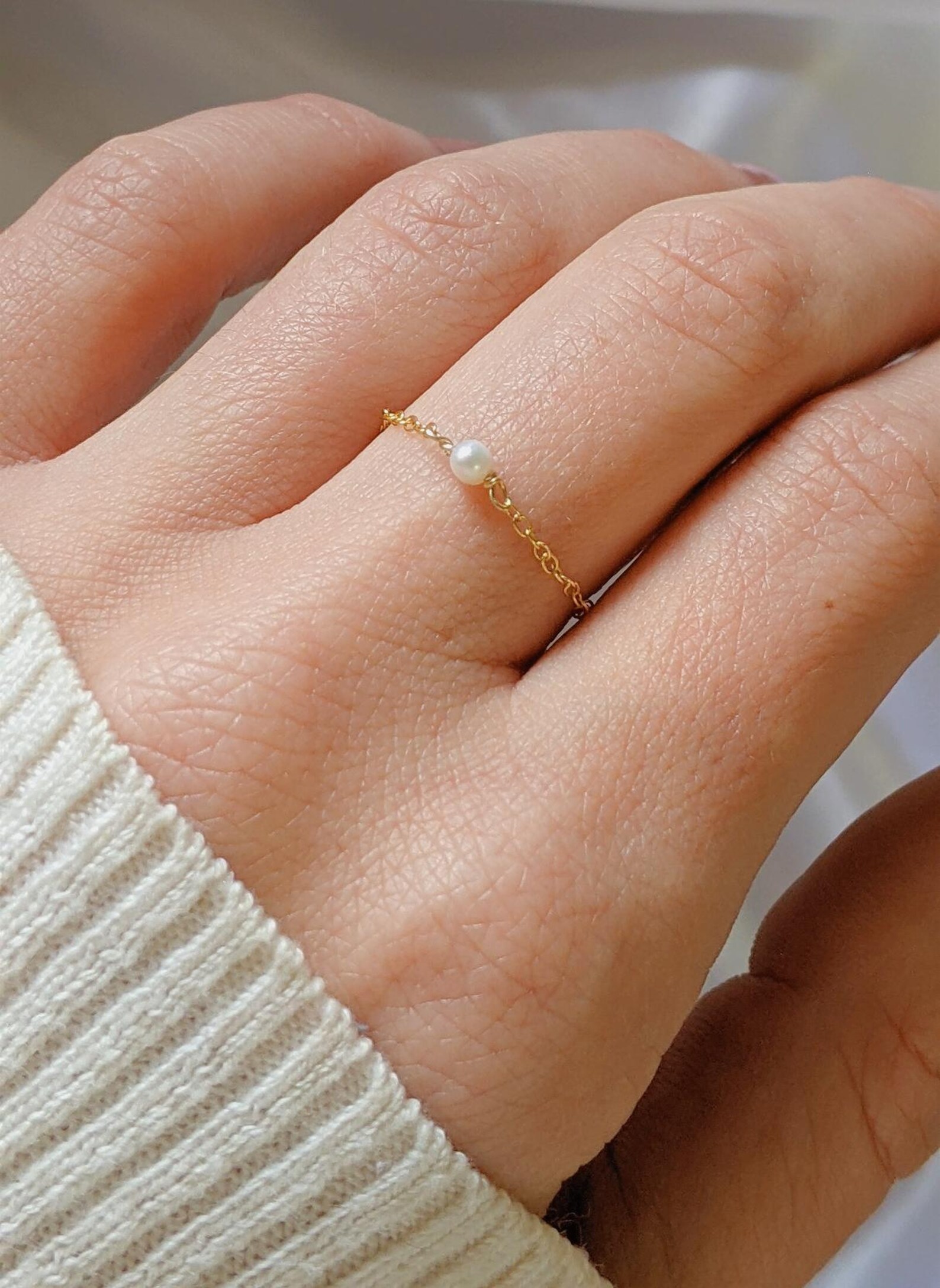 14k Gold Filled Small Pearl Chain Ring, Trendy Jewelry, Dainty Link ...
