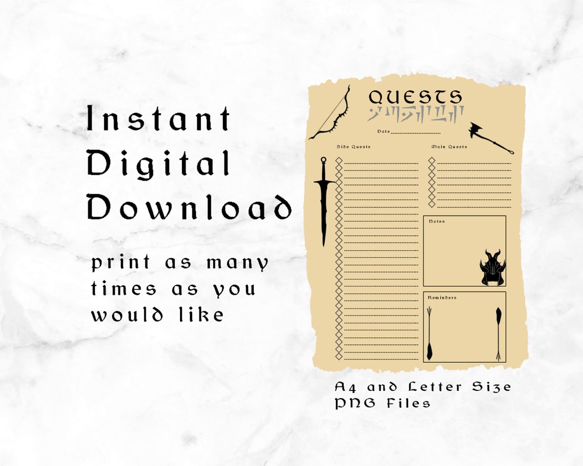 Printable to Do List | Skyrim Inspired | Daily To-do Png Checklist | A4 ...
