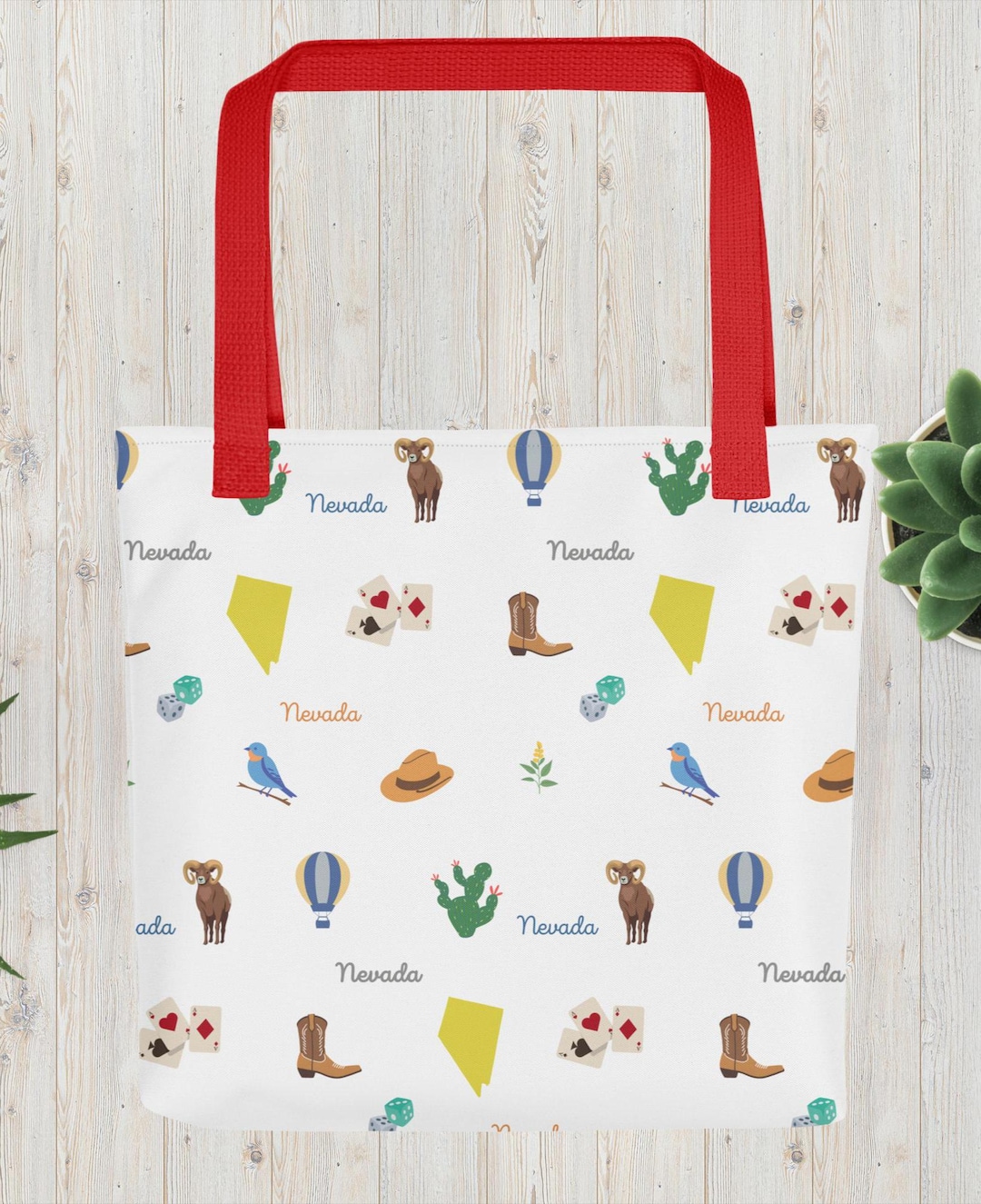 Nevada Tote Bag With State Icons | Illustrated Pattern With Cowboy ...