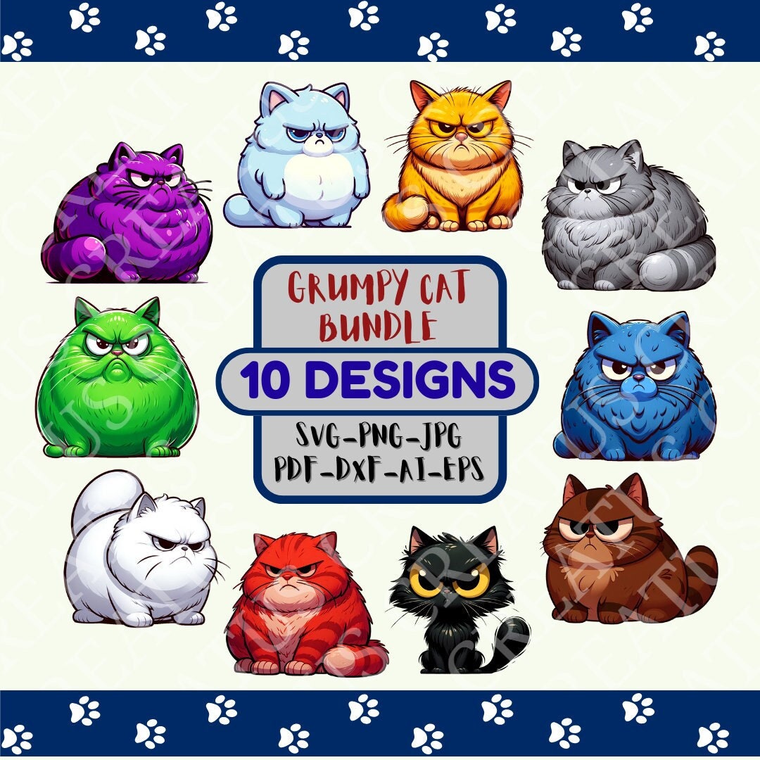 Grumpy Cat Svg, Funny Cat SVG Bundle, Black Cat Svg, Angry Cat PNG ...