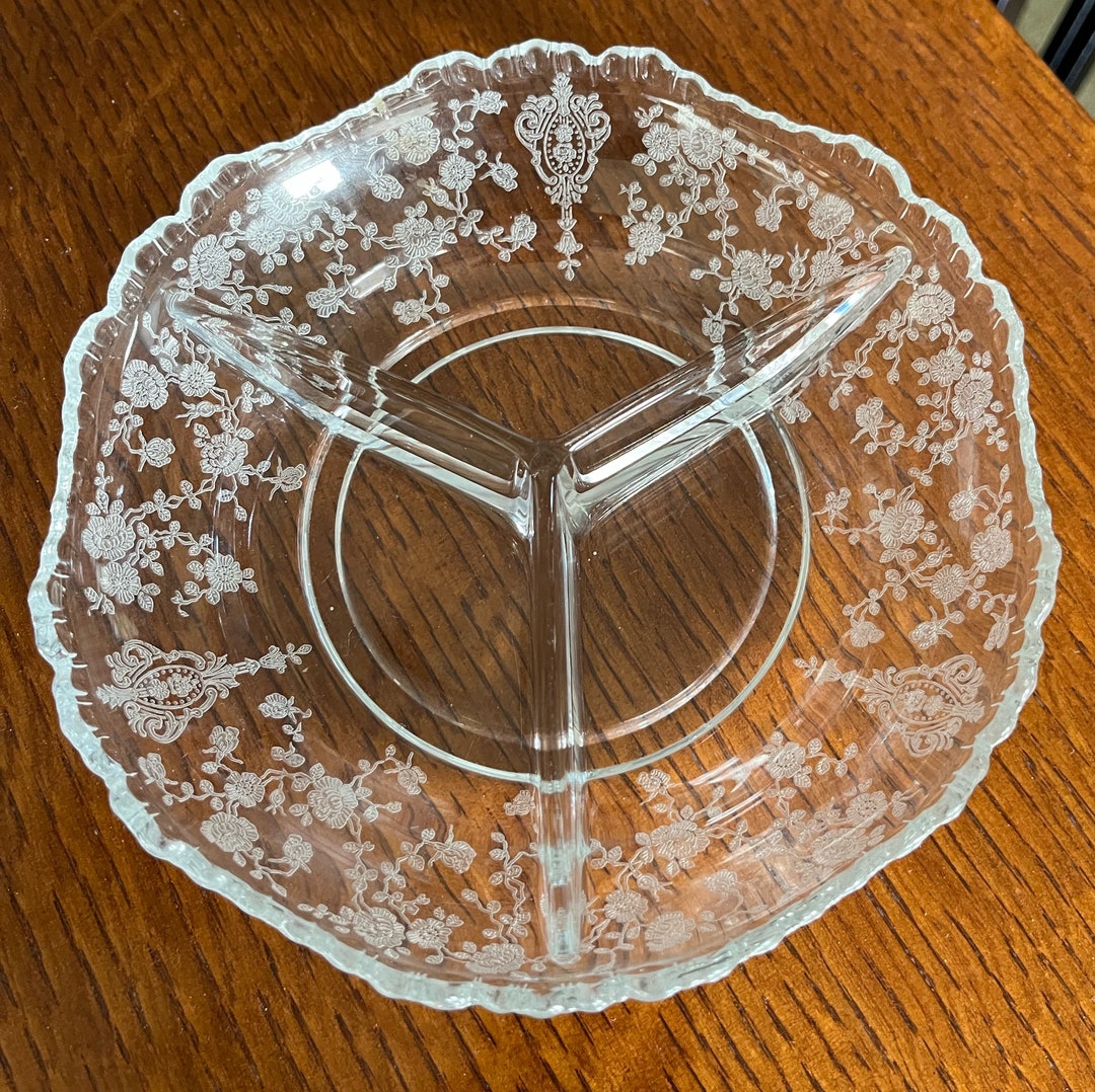 Rose Point by Cambridge Glass - Clear 3 Section Nut/candy or Relish ...