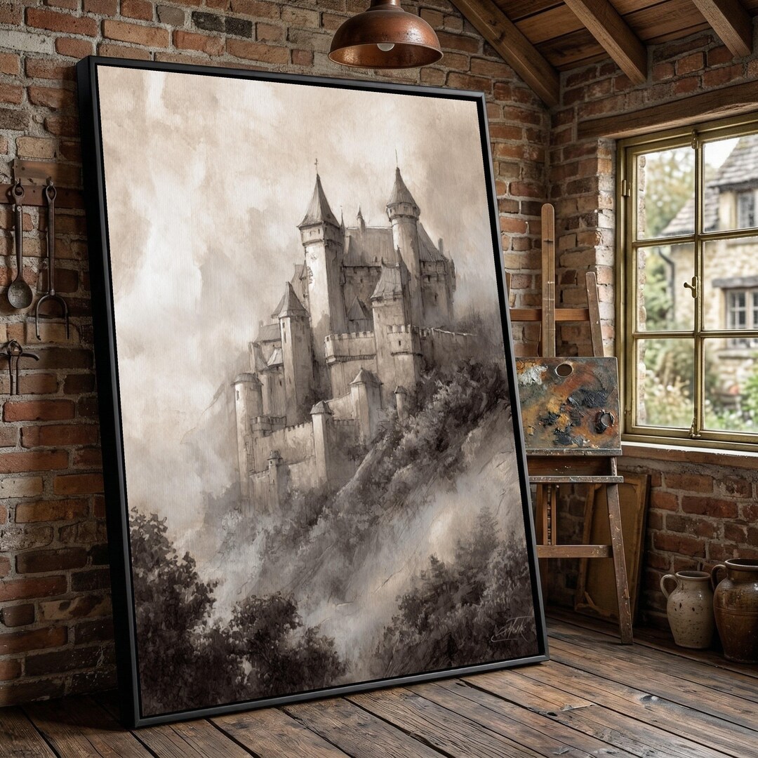 Medieval Castle Canvas Art, Sepia Tone Historic Fortress Illustration ...