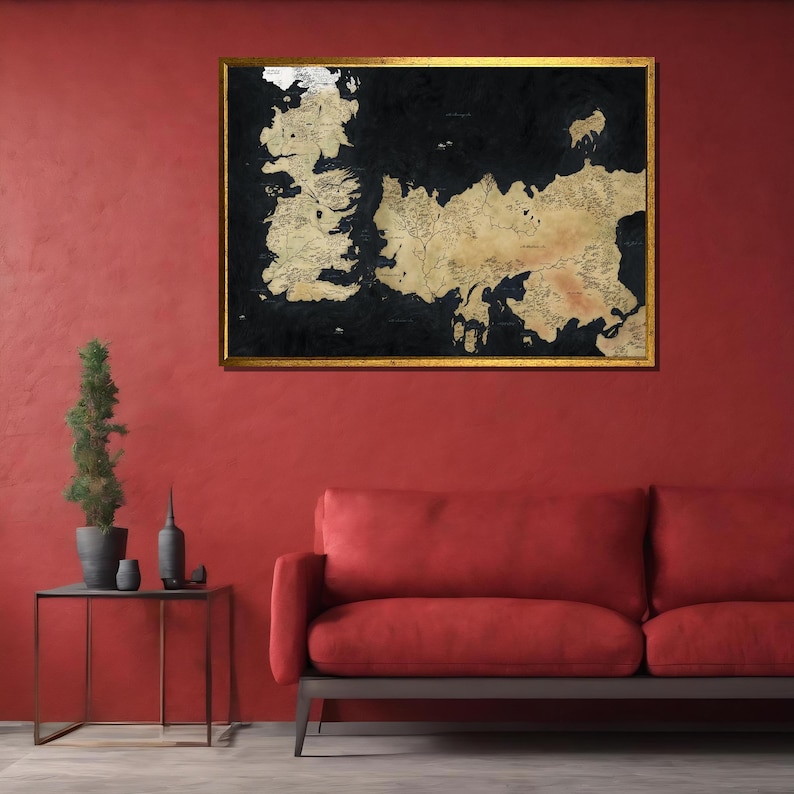 Westeros and Essos Map Art, Epic Fantasy World Map, Great Houses Wall ...