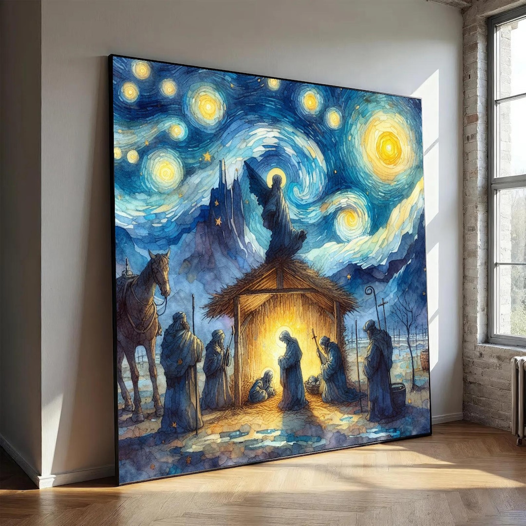 Starry Night Nativity Scene Art, Van Gogh Style Christmas Wall Decor ...