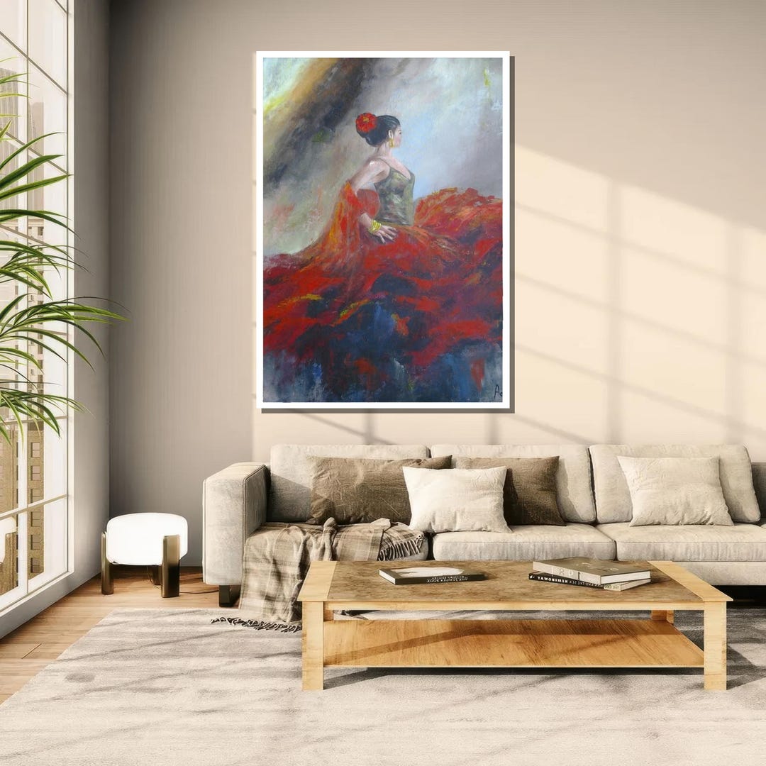 Flamenco Dancer Painting, Vibrant Red Dress Print, Abstract Figure Art ...
