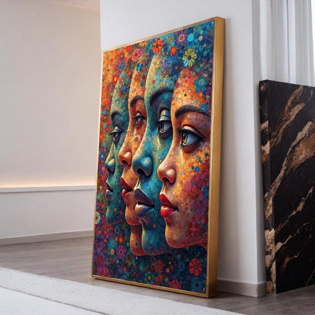 Vertical Pop Art Portrait Print, Colorful Floral Pattern Faces Canvas ...
