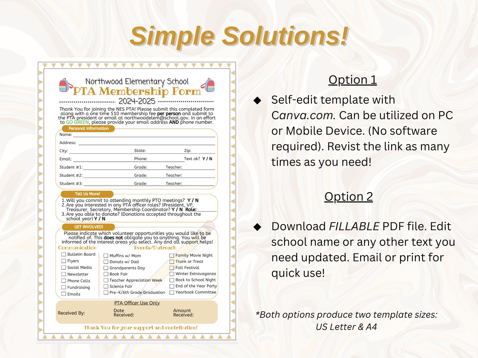 PTA PTO Volunteer Membership Sign up Form | Back to School Registration ...