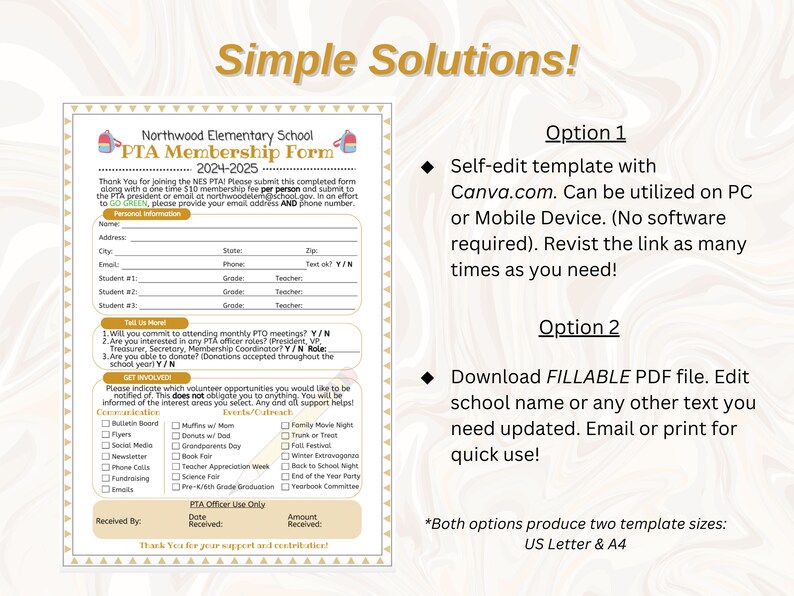 PTA PTO Volunteer Membership Sign up Form | Back to School Registration ...