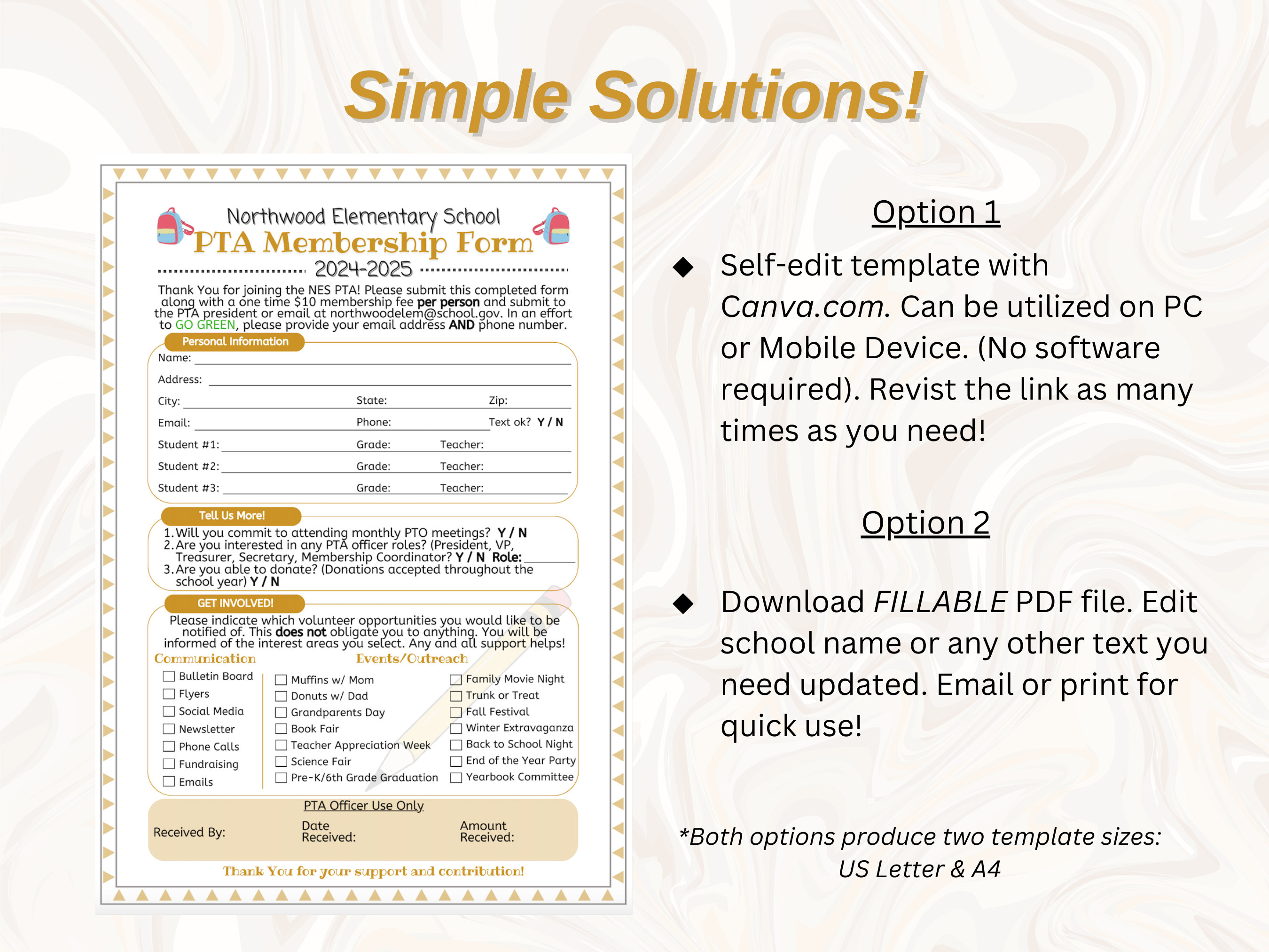 PTA PTO Volunteer Membership Sign up Form | Back to School Registration ...