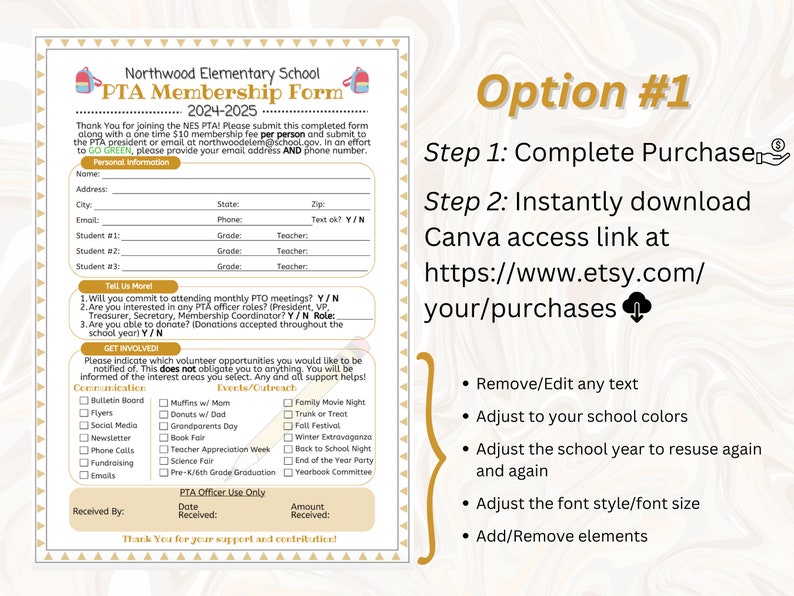 PTA PTO Volunteer Membership Sign up Form | Back to School Registration ...