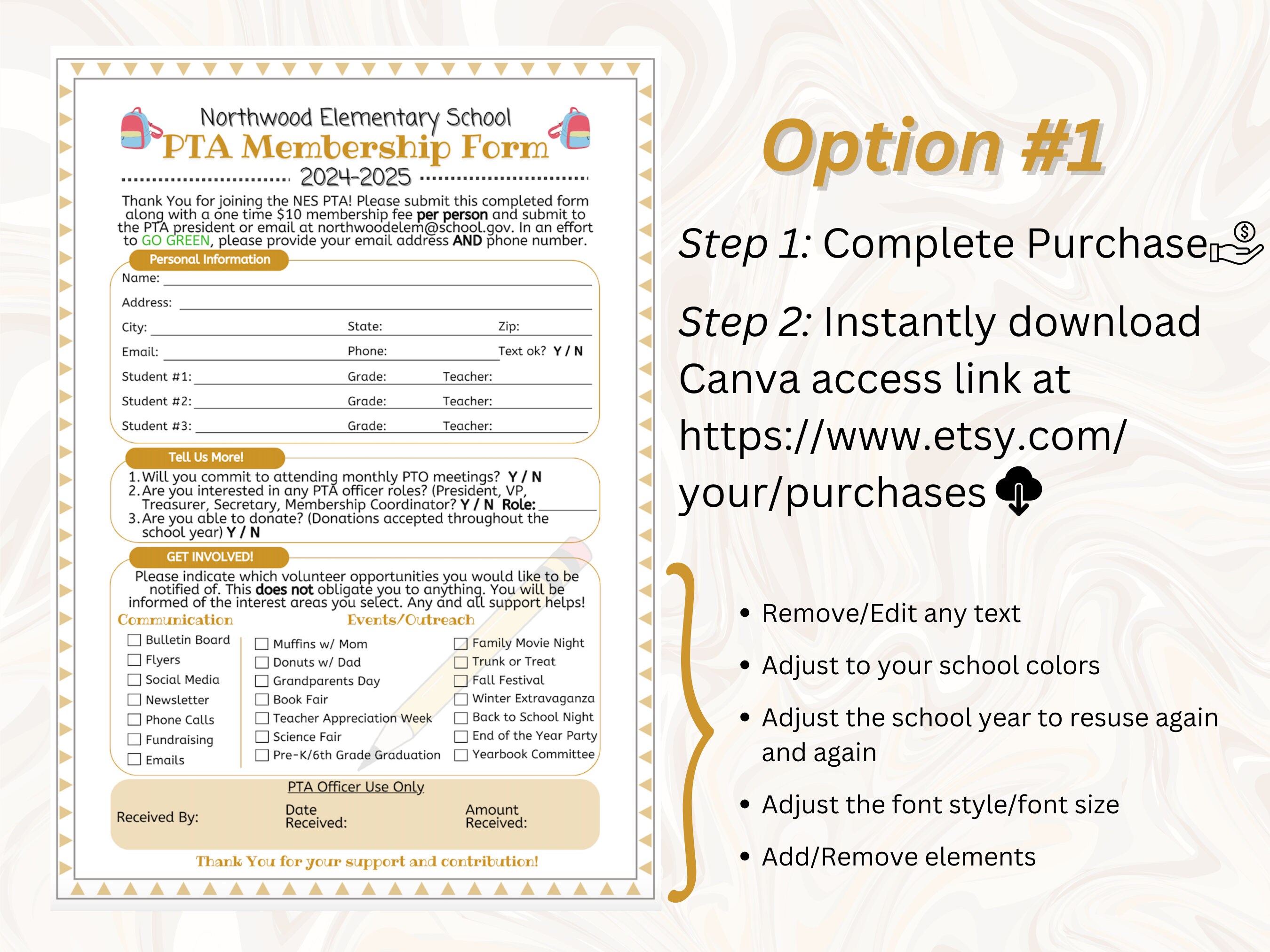 PTA PTO Volunteer Membership Sign up Form | Back to School Registration ...