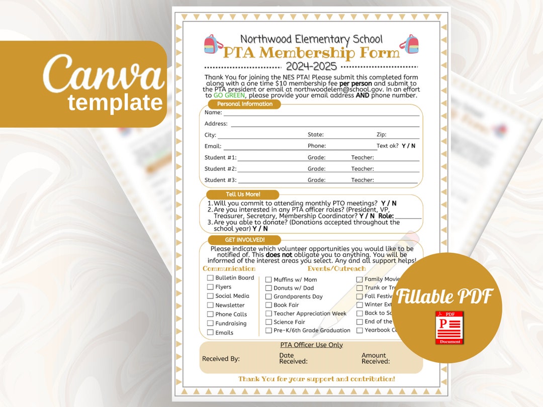 PTA PTO Volunteer Membership Sign up Form | Back to School Registration ...