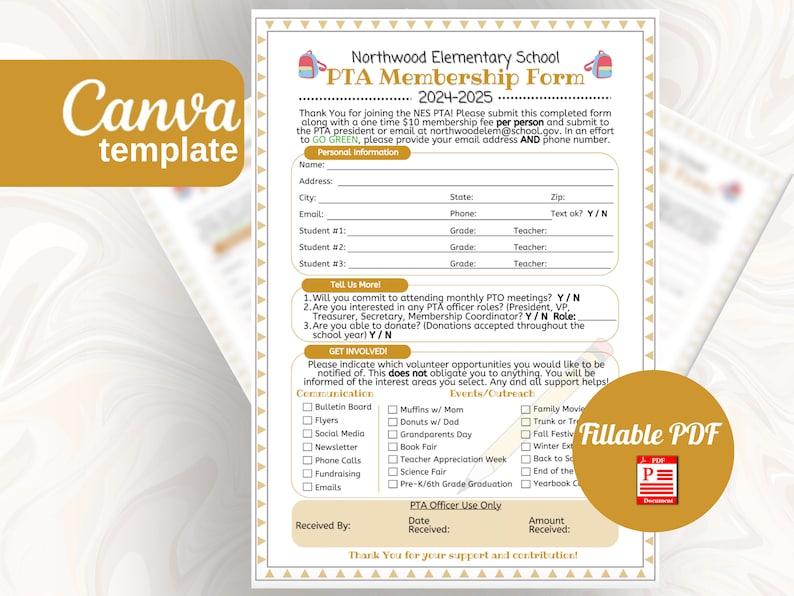 PTA PTO Volunteer Membership Sign up Form | Back to School Registration ...