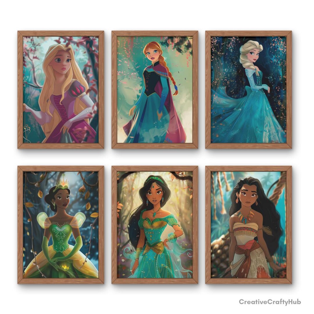 6 Digital Princess Wall Art Set 2º, Fairytale Art, Wall Decor, Kids ...