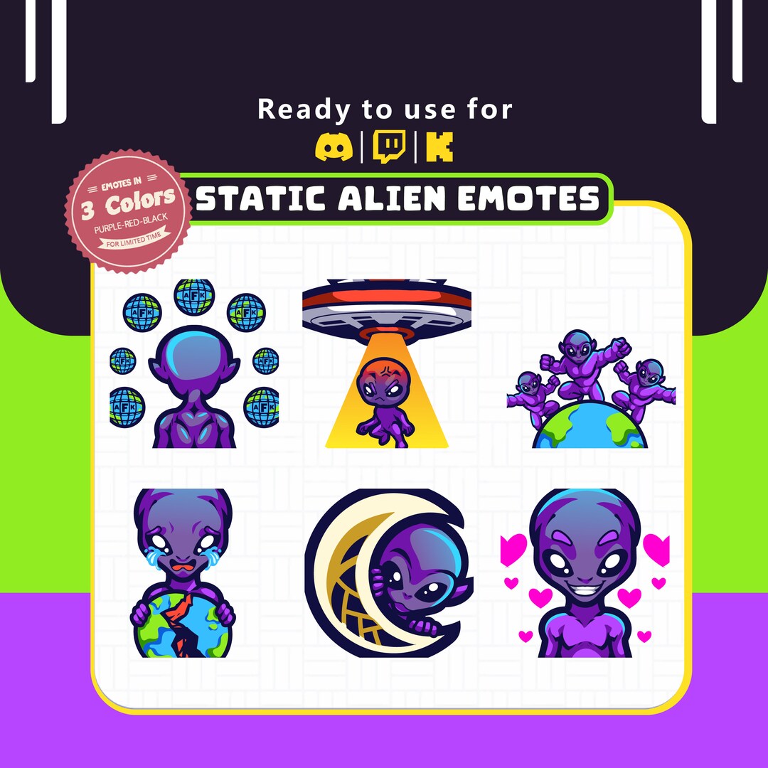 Static Alien Emotes Pack - 6 Cosmic Emotes in 3 Colors - Etsy