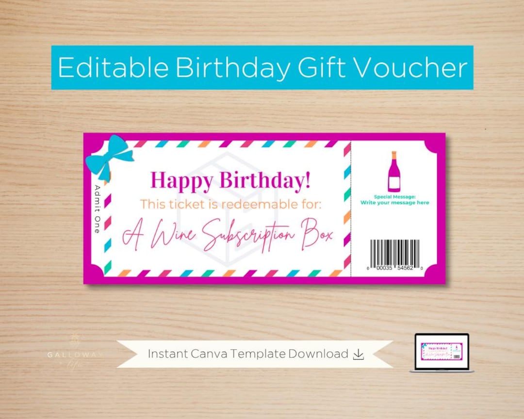 Wine Subscription Birthday Gift Voucher: Customizable Ticket (digital ...