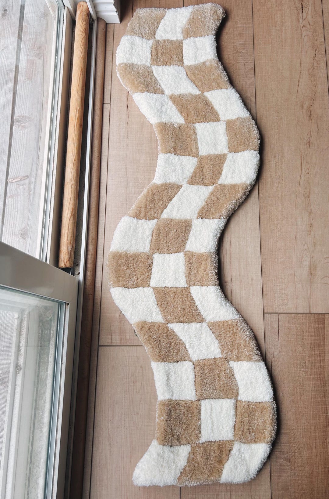 Checkered Runner Rug, Tufted, Tan and White, Squiggle Rug, Funky Rug ...