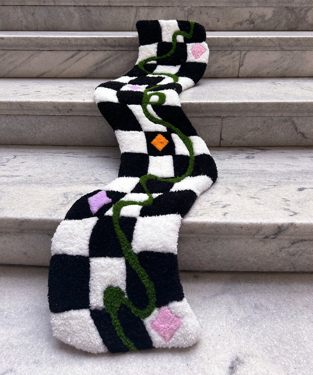Checkered Runner Rug, Tufted, Black and White, Squiggle Rug, Funky Rug ...