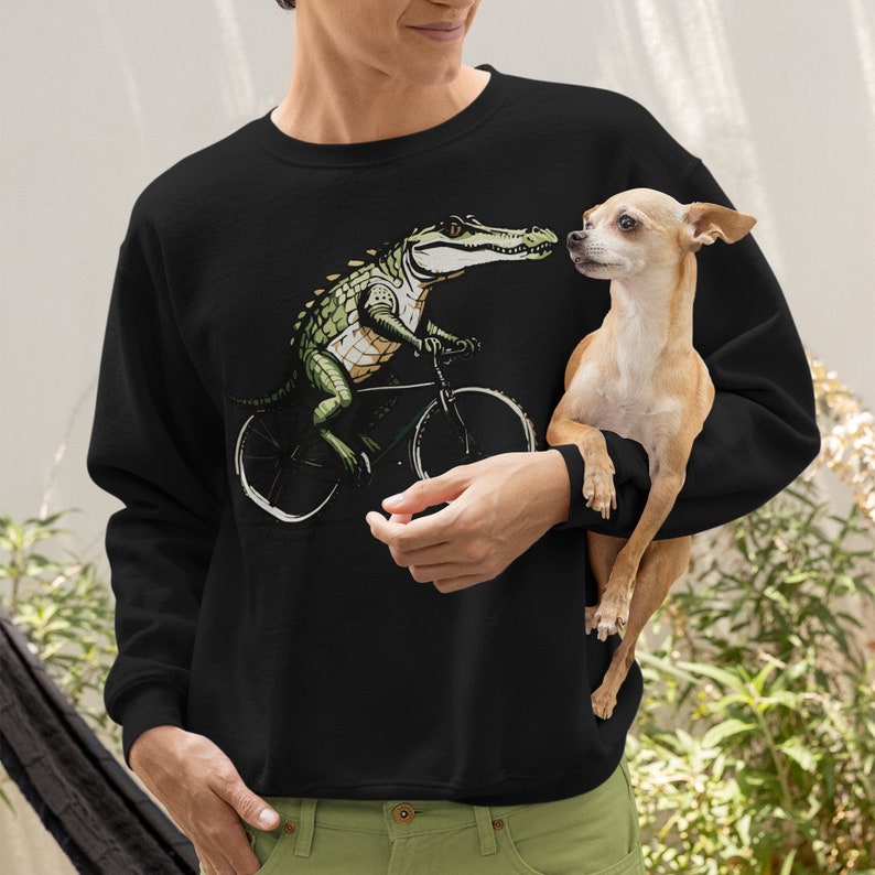 Funny Alligator Riding Bicycle Sweatshirt, Unique Animal Graphic Top ...