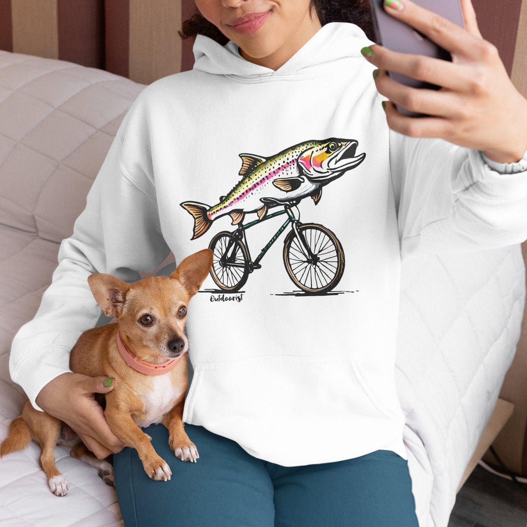 Rainbow Trout Fish Riding a Bicycle Hoodie, Unique Fishing Gift Hoodie ...