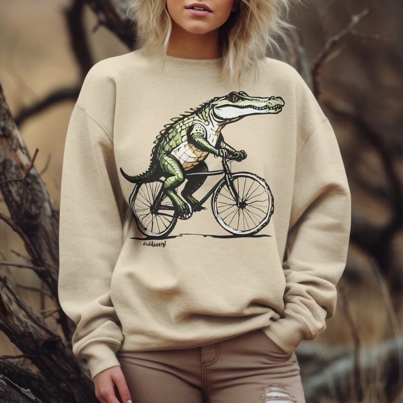 Funny Alligator Riding Bicycle Sweatshirt, Unique Animal Graphic Top ...