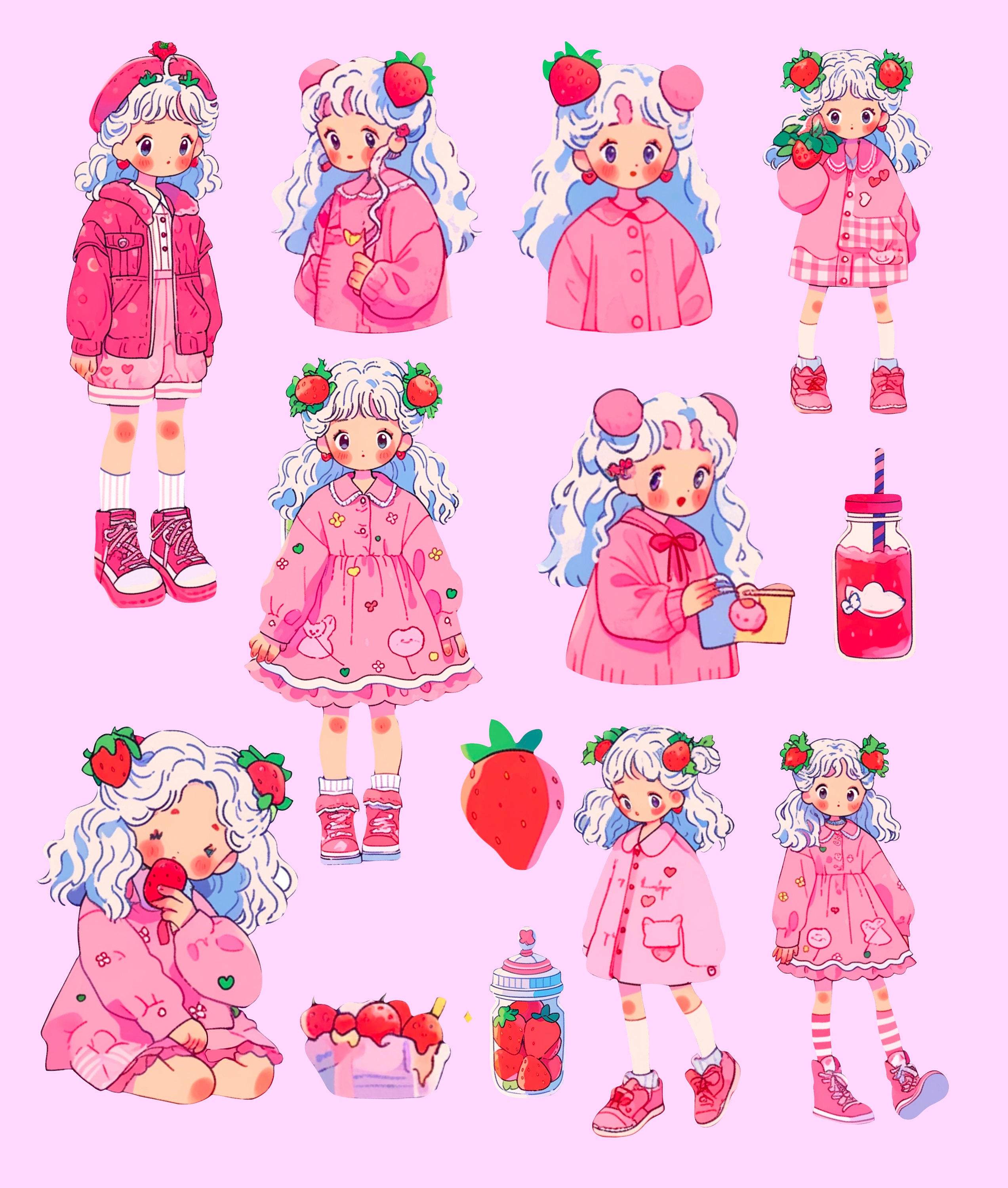 Strawberry Girl Clipart PNG, 14 Strawberry Girl Bundle Set, Strawberry ...
