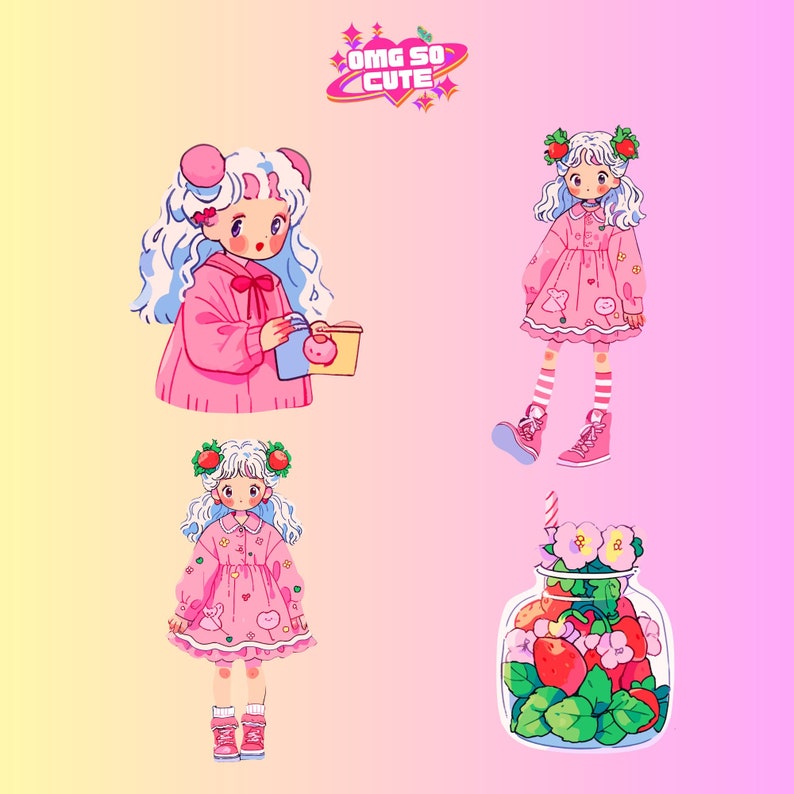 Strawberry Girl Clipart PNG, 14 Strawberry Girl Bundle Set, Strawberry ...