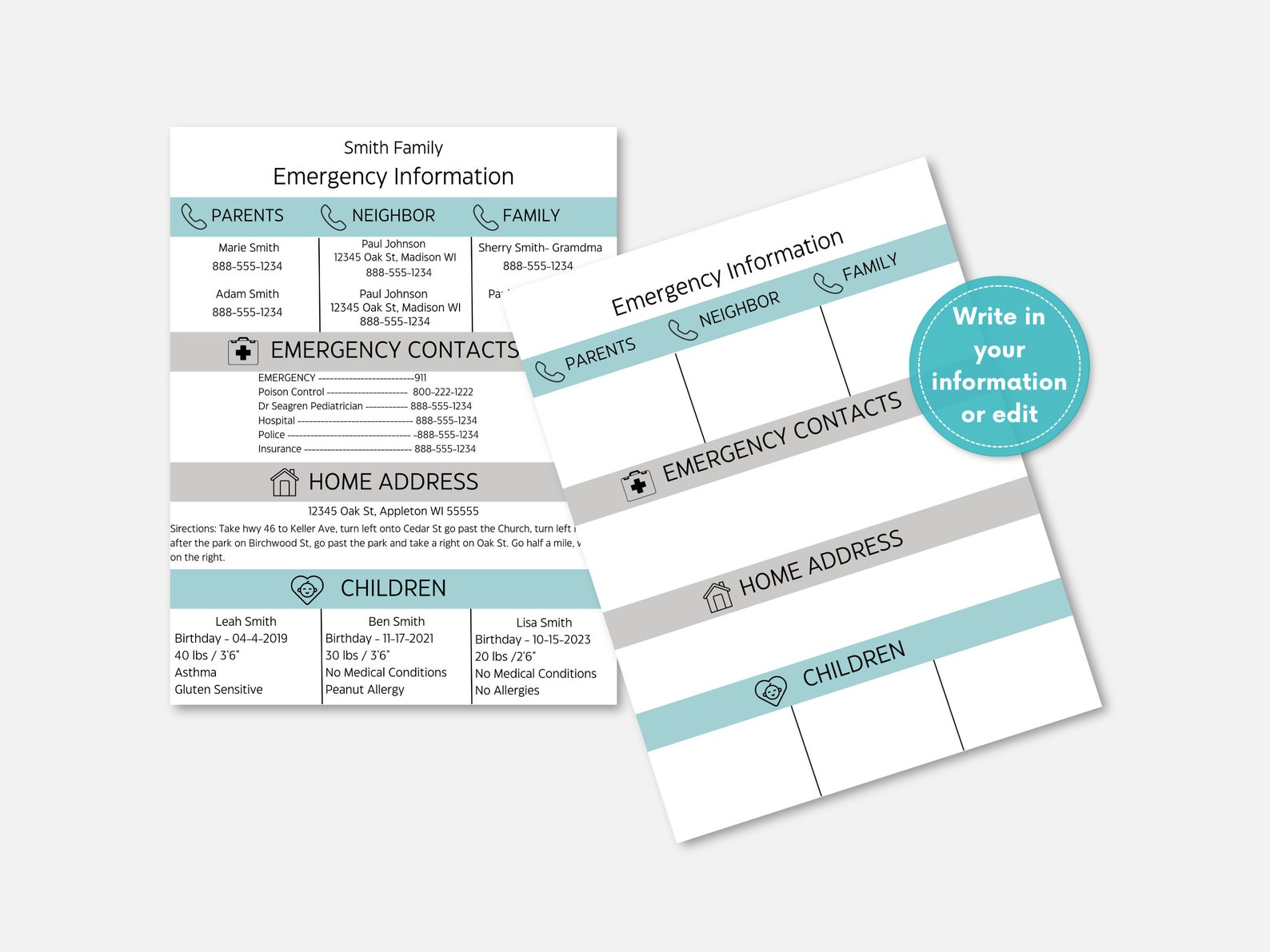 Emergency Information Sheet | Editable Emergency Contact Info Template ...